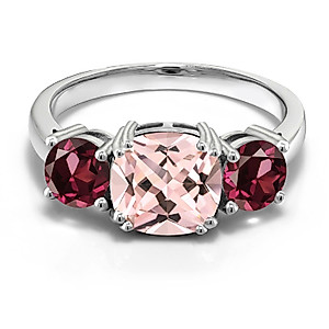 Gem Stone King 925 Sterling Silver Peach Nano Morganite and Red Rhodolite Garnet 3 Stone Engagement Ring For Women (3.20 Cttw, Gemstone October Birthstone, Cushion 8MM, Size 9)