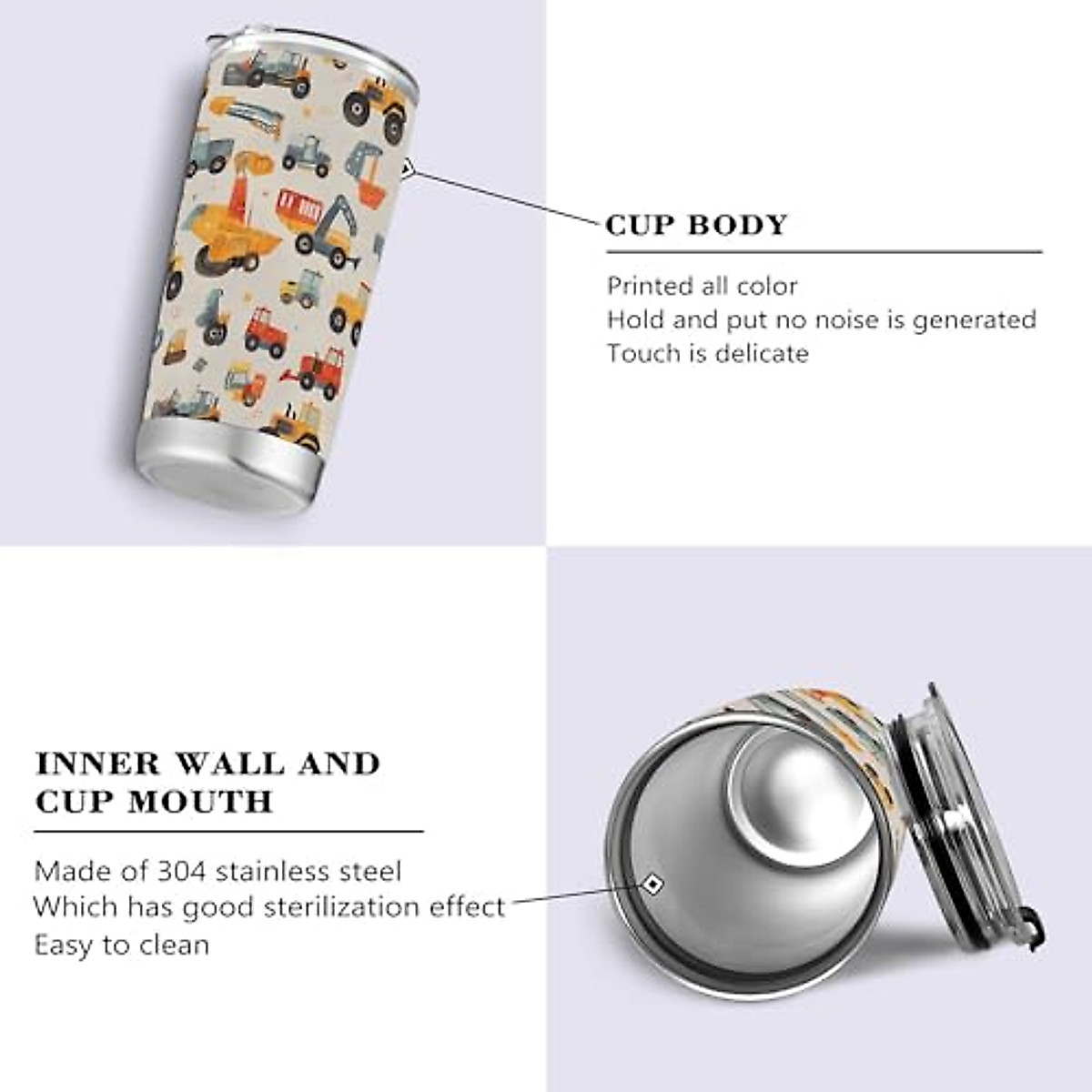 Vintage Cartoon Car Truck Gray Stainless Steel cups with lids reusable Leak-proof Lid and Straw travel coffee mug spill proof for outdoor simply insulated tumbler 20 OZ