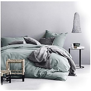 Eikei Washed Cotton Chambray Duvet Cover Solid Color Casual Modern Style Bedding Set Relaxed Soft Feel Natural Wrinkled Look (King, Eucalyptus Mint)
