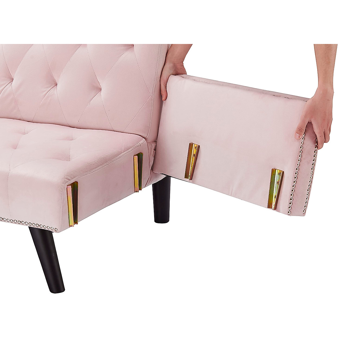 Modern Velvet Tufted Upholstered Futon Sofabed Living Room Loveseat Convertible Sleeper Couch Bed with Nailhead Decor and Drop-Down Cupholdes for Home Office Apartment