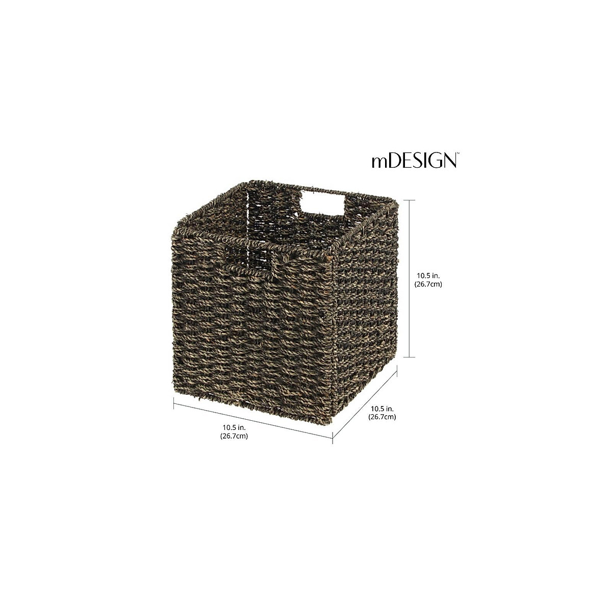 mDesign Seagrass Woven Cube Basket Organizer with Handles - Storage for Bedroom, Office, Living Room, Bathroom, Perfect for Cubby Storage Units - Hold Blankets, Magazines, Books - 4 Pack - Black Wash