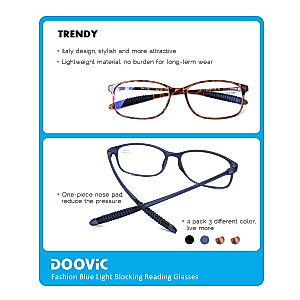 DOOViC Reading Glasses 4 Pack Blue Light Blocking Anti Eyestrain Flexible Lightweight Computer Readers for Men Women 1.75 Strength