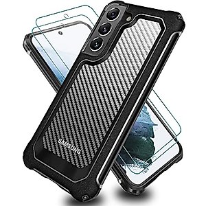 SUPBEC Galaxy S21 Case, Carbon Fiber Shockproof Protective Cover with Screen Protector [x2] [Military Grade Protection] [Scratch Resistant & Anti-Fingerprint], Samsung Galaxy S21 Case, 6.2", Black