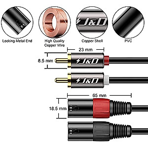 J&D 2 RCA to XLR Male Cable (6 Feet), Unbalanced Dual XLR to RCA Male Connection Cable for Speakers, Amplifiers, HiFi Stereo Audio Systems