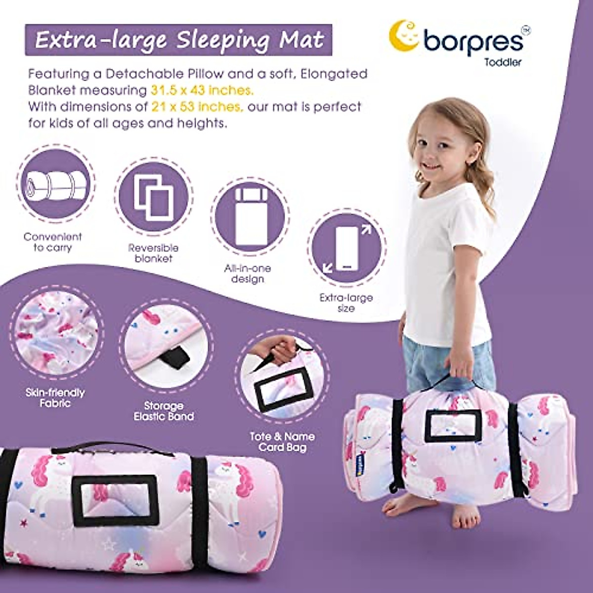 BORPRES Toddler Nap Mat-Nap Mats for Preschool Daycare Boys Girls,Kids Sleeping Mat with Removable Pillow and Blanket,Extra Thick Large Slumber Bag for Travel Camping,Unicorn.