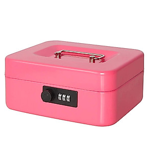 Jssmst Medium Cash Box with Combination Lock - Durable Metal Cash Box with Money Tray Pink,7.87 x 6.3 x 3.35 inches,CB0704M