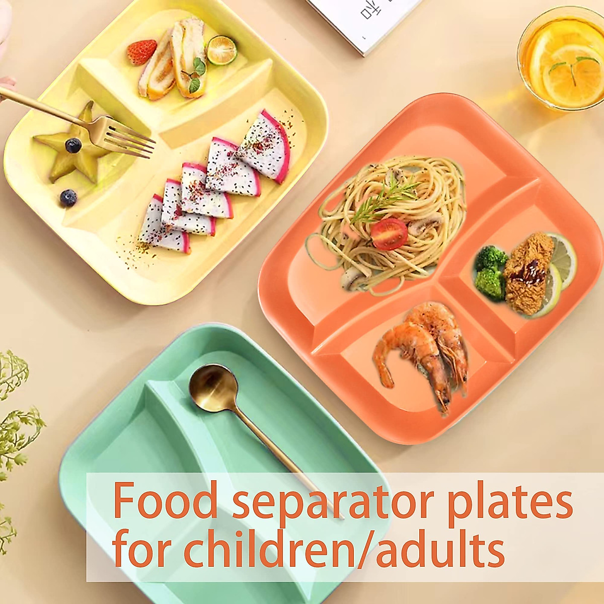YUESHENGHAO 10 Inch Wheat Portion Control Dinner Plates, 5 Unbreakable Adult Separate Plates, 3 Compartment Square Kids Food Divider Plates Microwaveable, Great For Healthy Eating And Weight Loss