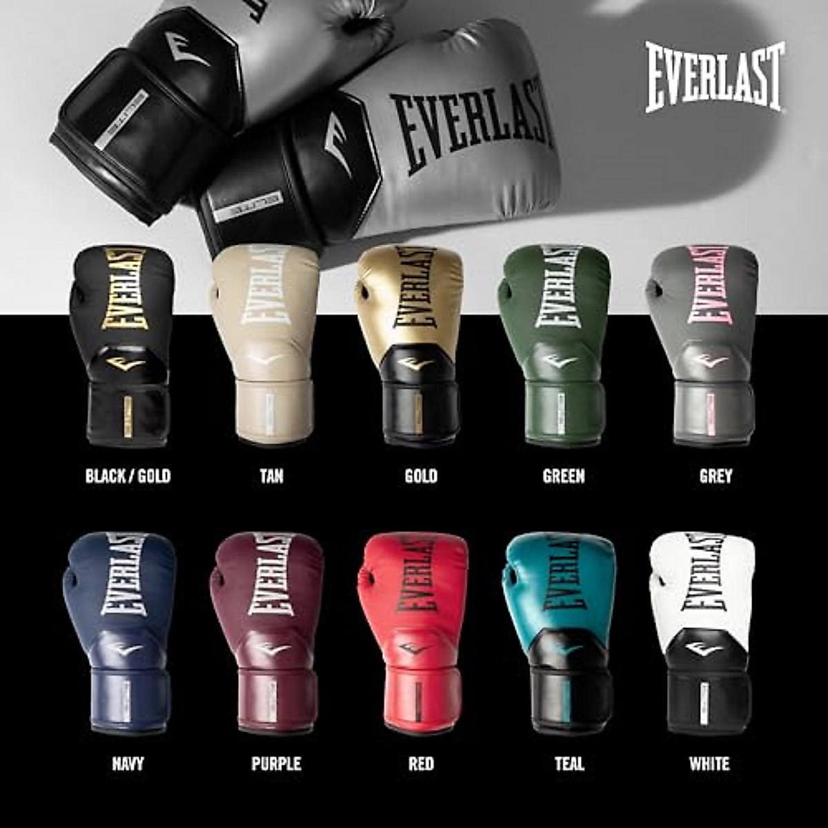 Everlast Elite 2 Boxing Gloves, Pro Training Gloves for Men and Women, Secure Fit Hook and Loop Closure & Ventilation, Heavy Bag & Speedbag Training (16 oz, Black/Gold)