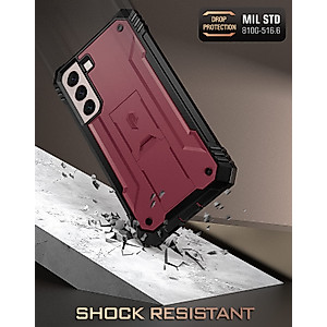Poetic Revolution Case for Samsung Galaxy S22 5G 6.1 inch, Built-in Screen Protector Work with Fingerprint ID, Full Body Rugged Shockproof Protective Cover Case with Kickstand, Maroon Red