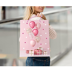 LUCKY AID 13” Birthday Gift Bag with Handle and Tissue Paper, Gift Bag for Boys, Girls, Women and Men’s Birthday Party, Baby Shower, Christmas Party Supplies (Pink)