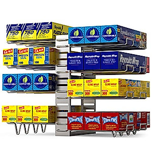 Vdomus Kitchen wrap Organizer Rack, Adjustable Wrap Stand for Kitchen Cabinet Tin foil, Sandwhich Bags, Saran Wrap Kitchen Organizer for Storage, Silver