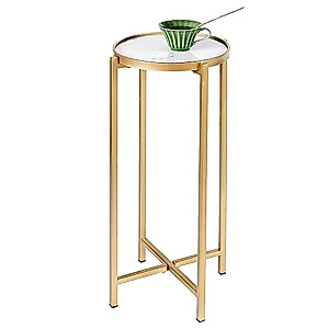 DOWLVN Gold Marble Snack Drink Accent Table, Small Round Side End Table for Living Room Bedroom Small Space, 11" D x 24" H