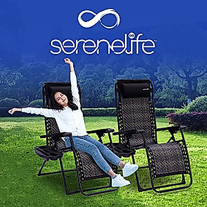 SereneLife Foldable Outdoor Zero Gravity Lawn Chair, Adjustable Rattan Recliners, w/Removable Padded Headrest Pillows and Cup Holder Side Tables, Set of 2, One Size