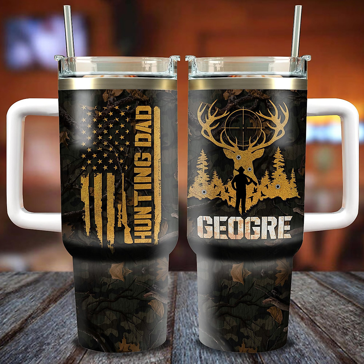 WAZONE Personalized Hunting 40oz Tumbler with Handle and Straw Lid Custom Name Wood Drawing Tumblers Stainless Steel Travel Cup for Father Dad Man Hunter Lover Gift Birthday Christmas Fathers Day