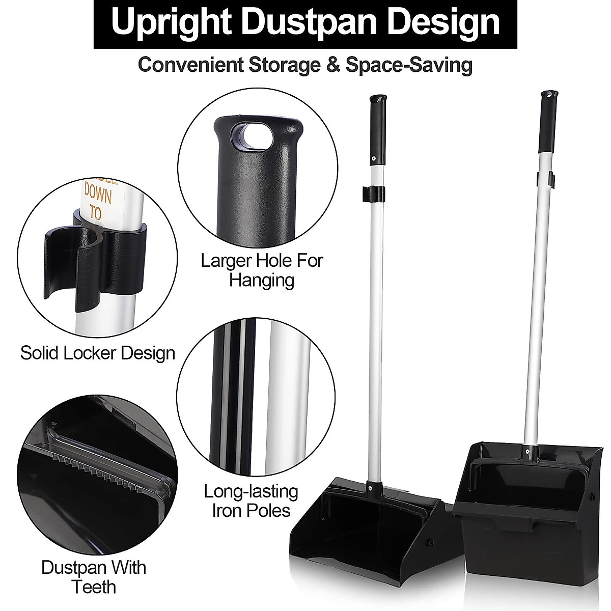 Mumufy 5 Set Lobby Dustpan with Broom Set Lobby Upright Dust Pan and Broom with Long Handle Heavy Duty Commercial Broom Dustpan Combo for Restaurants Kitchen Office Home