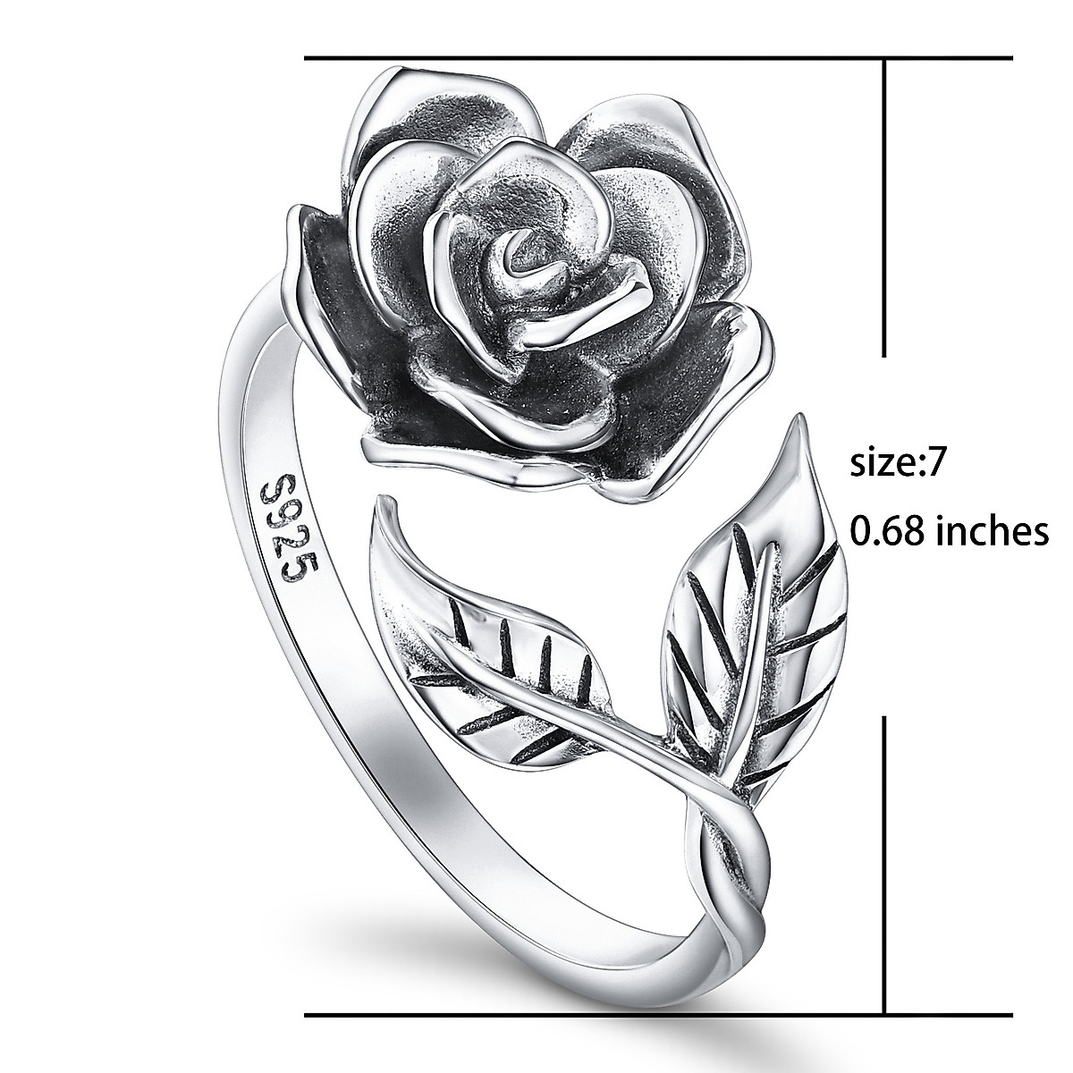 Alphm S925 Sterling Silver Adjustable Wrap Open Rings Rose Flower Floral Ring for Women Purity