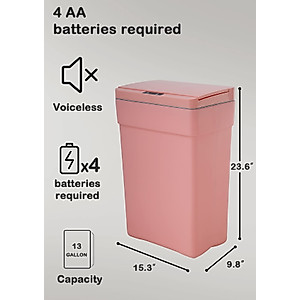 Trash Can 13 Gallon Plastic Automatic Trash Can with Lid for Bedroom Bathroom Home Office Garbage Can Trash Bin Touchless Trash Can Sensor Trash Can Electric Trash Can 50 Liter，Pink