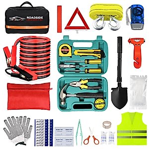 Car Emergency Roadside Tool kit,Road Side Safety Assistance Kit for Women Men Adult,Auto Truck Vehicle Emergency Bag with Shovel Jumper Cable First Aid Kit Blanket Front Rear Cover Alignment Tool
