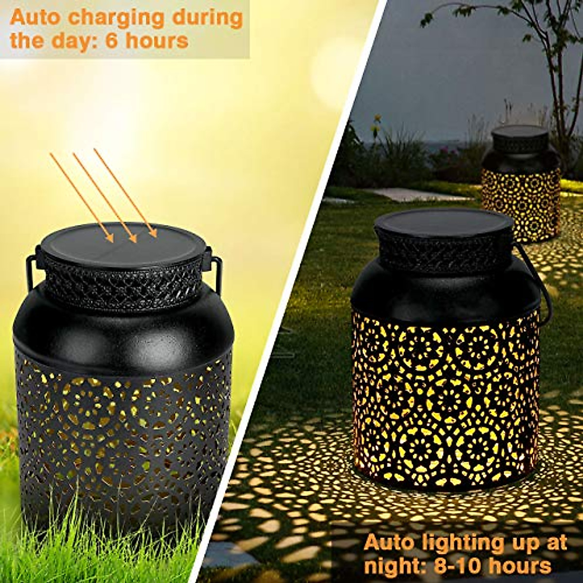 GolWof Solar Lanterns Outdoor Waterproof, 2 Pack Hanging Lanterns with Handles Decorative Metal Solar Powered Lights for Christmas Decoration, Backyard, Lawn, Garden, Patio, Party