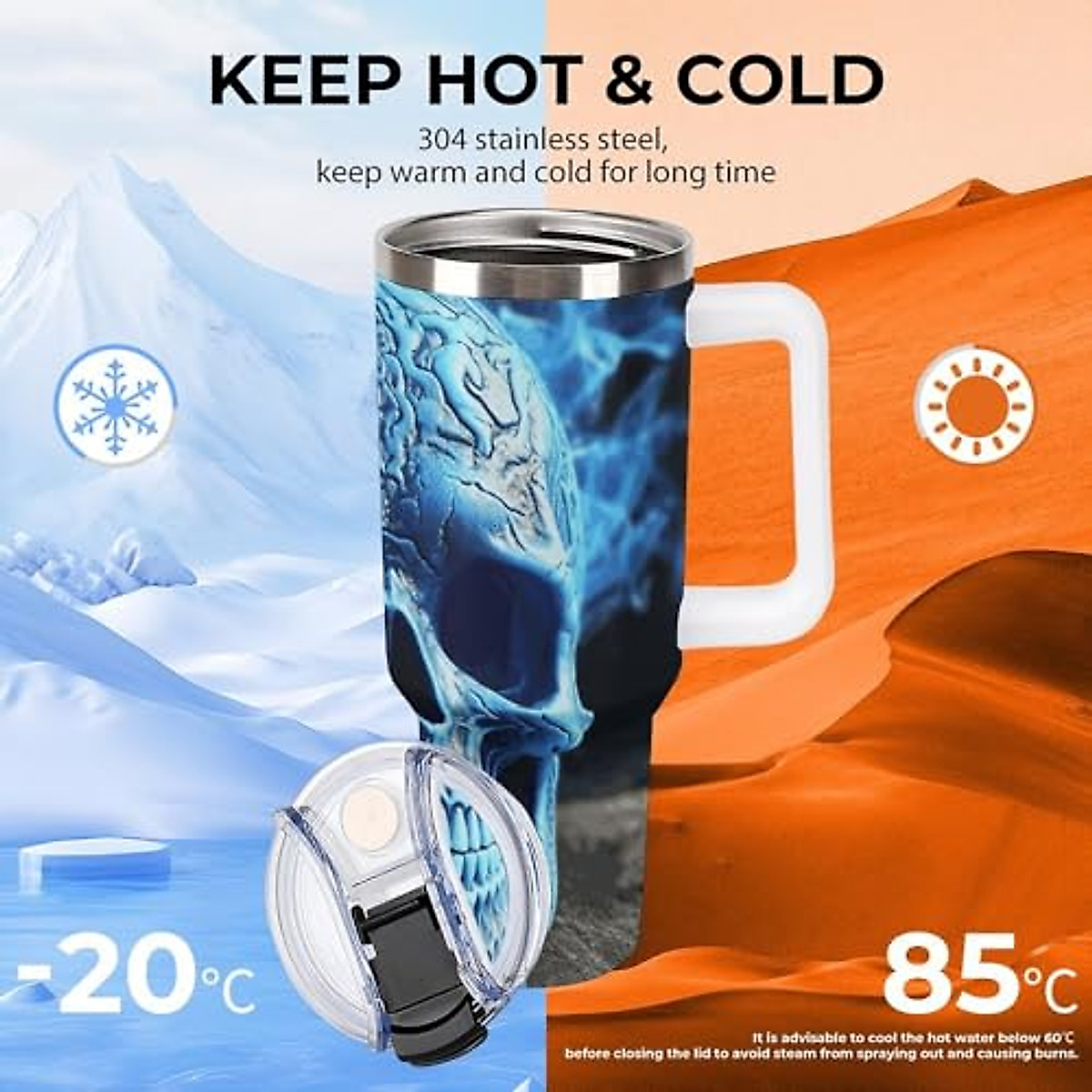 LLUTSNTH 40 Oz Vacuum Tumbler with White Handle Leakproof Insulated Tumbler 3D Print Blue Skull Stainless Steel Travel Mug with Lid And Straw Coffee Cup Cute Water Bottles Cup Holder Friendly
