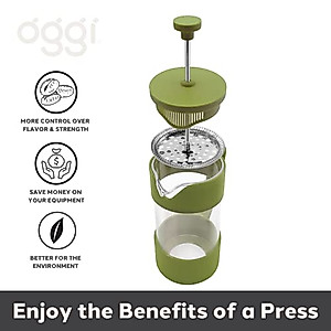 OGGI French Press Coffee Maker (12oz)- Borosilicate Glass, Coffee Press, Single Cup French Press, 3 cup Capacity, Olive