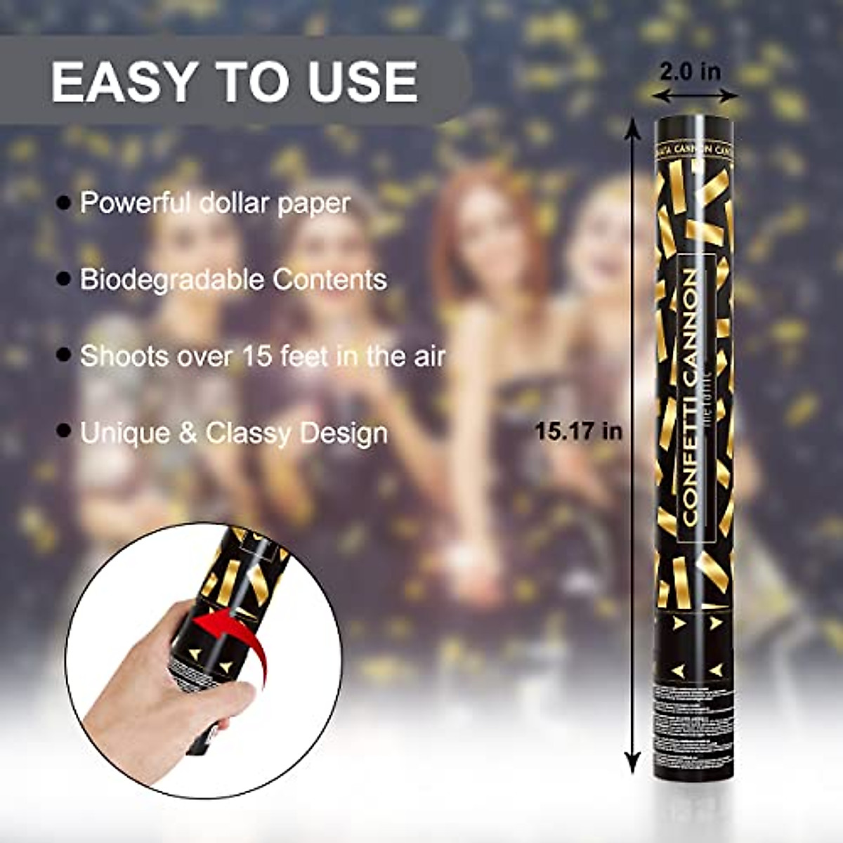 Gold Confetti Cannon Party Poppers,15 Inch+Longer Confetti Poppers(5 Packs)Confetti Shooters for Birthday Wedding Celebration Photo Shoot New Year's Eve confetti Gun