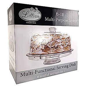 Lillian Tablesettings Cake Stand with Dome Cover, 6-in-1 Multi-Purpose Use, Serving Platter, Punch Bowl, Desert Platter and More, BPA Free, Clear (60220)