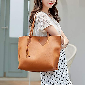 KLGDA Women's Soft Leather Tote Shoulder Bag from, Large Capacity Shopping Backpacks Tassel Handbag Brown