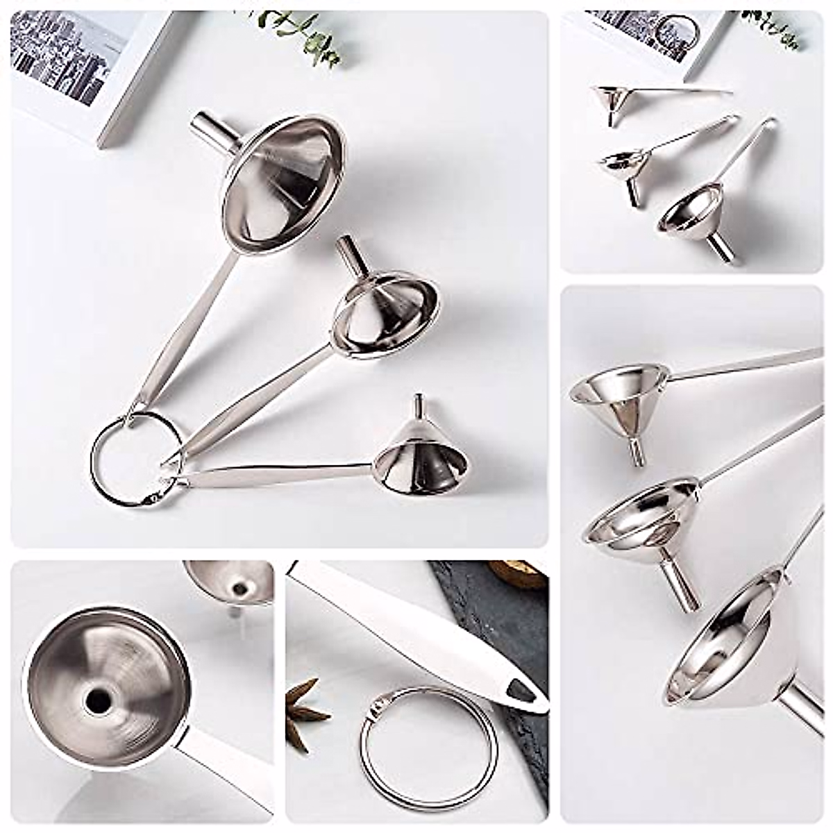3 in 1 Metal Funnels for Filling Bottles Stainless Steel Small Kitchen Funnel Set for Transferring Essential Oils Liquid Fluid Spice Dry Ingredients Powder, Durable and Dishwash Safe