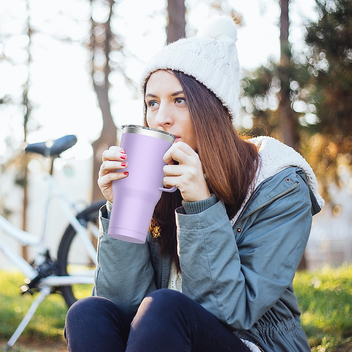 AUSOR 30 oz Tumbler with Lid and Straw,Water Bottle with Handle,Insulated Stainless Steel Tumbler for Hot & Cold, Coffee Travel Mug Cups Reusable Purple