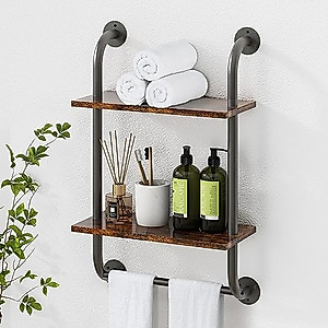 FLYJOE 2 Tier Bathroom Shelves with Towel Bar, Rustic Wall Mounted Industrial Pipe Shelving, Floating Shelves for Wall Decor & Storage for Bathroom Kitchen Living Room 23.6 x 16 Inch - Rustic Brown