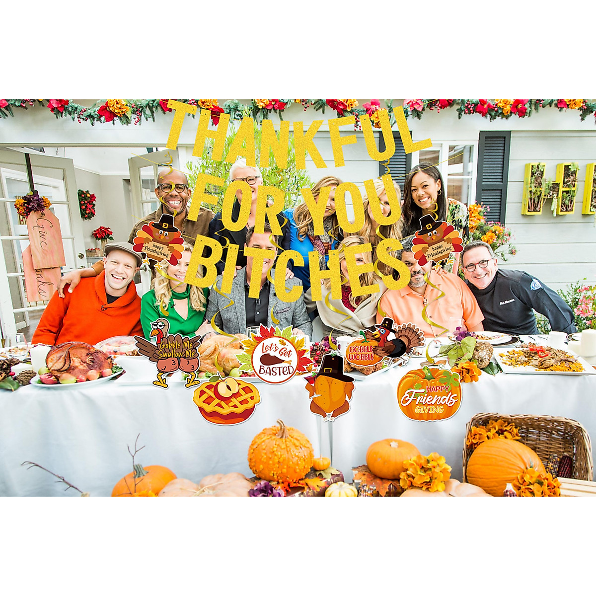 TF Girly Friendsgiving Party Decorations with Hanging Swirls, Gold Glitter Friendsgiving Decorations for Girl Home Office, Friendsgiving Banner, Thanksgiving Decorations for Mantel Fire Place Party