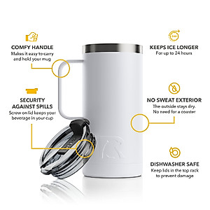 RTIC 20oz Coffee Travel Mug with Lid and Handle, Stainless Steel Vacuum-Insulated, Hot and Cold Drink, for Car, Camping, Chalk