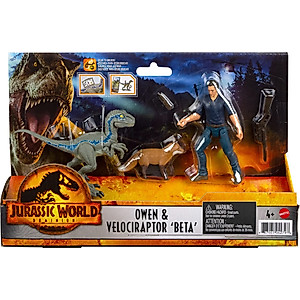 Mattel Jurassic World Dominion Human & Dino Action Figure Pack, Owen & Velociraptor Beta Figures & Accessories, Collectible Toy Dinosaur Set