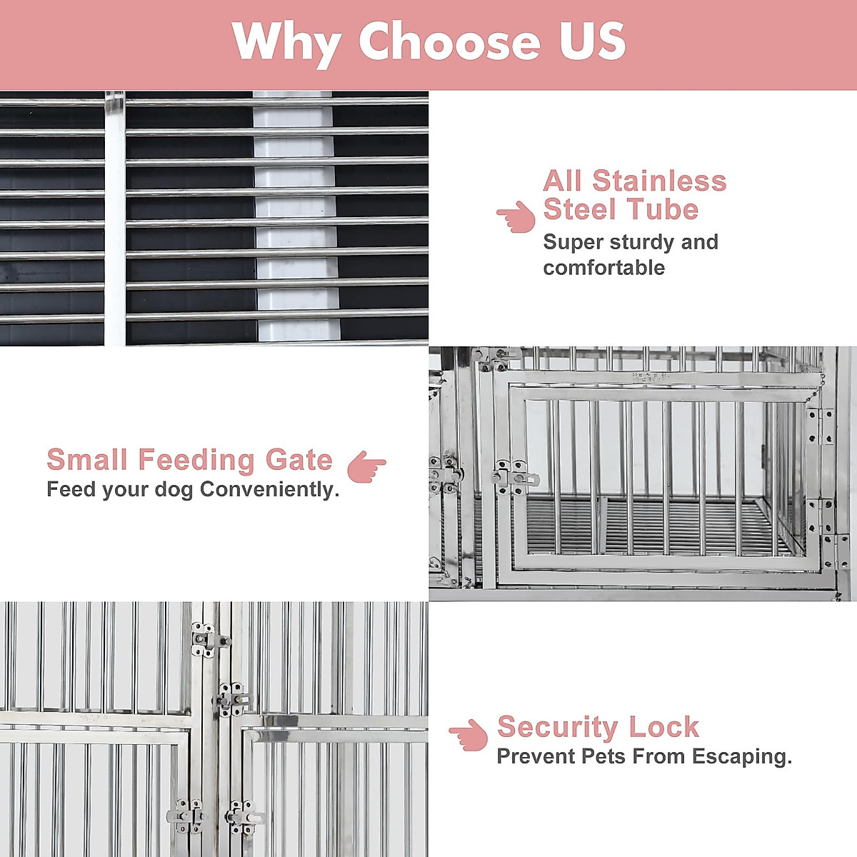 42" Heavy Duty Dog Crate Cage Kennel with Wheels, Full Stainless Steel High Anxiety Indestructible Dog Crate, Sturdy Locks Design, Double Door Small Door Design & Removable Tray Design (Silver)