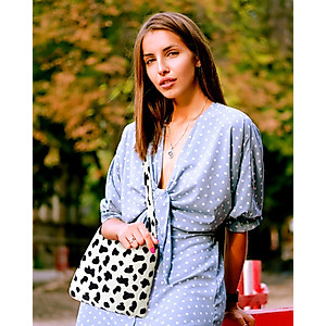 Fluffy Shoulder Bag Flower Cow Plush Underarm Handbag Bag Fluffy Purse Small Clutch Bag for Women Autumn Winter (White and Black, Shoulder Bag)