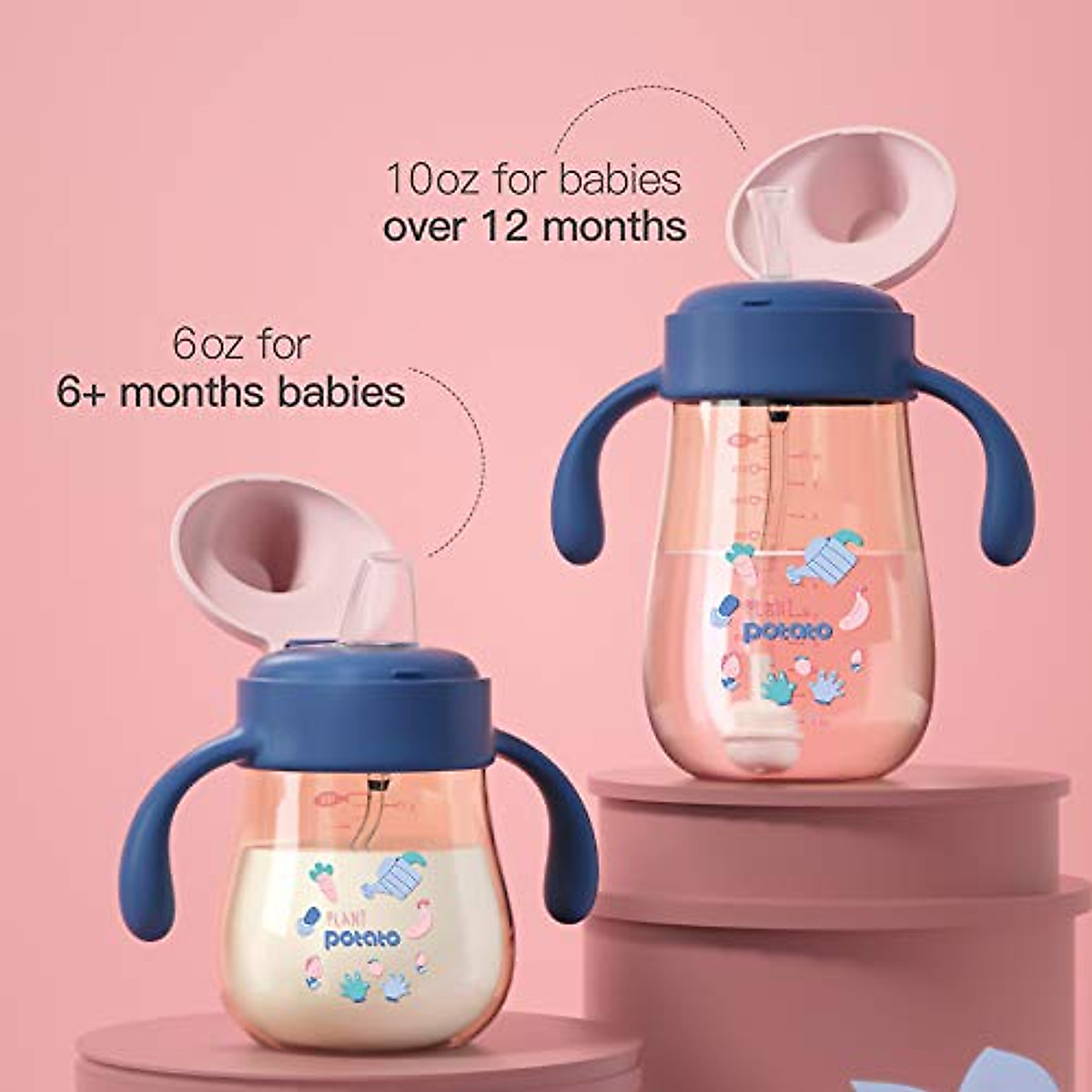 POTATO Weighted Straw Cups For Toddlers Spill Proof, PPSU Sippy Cup with Handles for Boy, Water Bottle for Baby 12 Months with 2 Type of Spout, 10 Ounce Bright Red