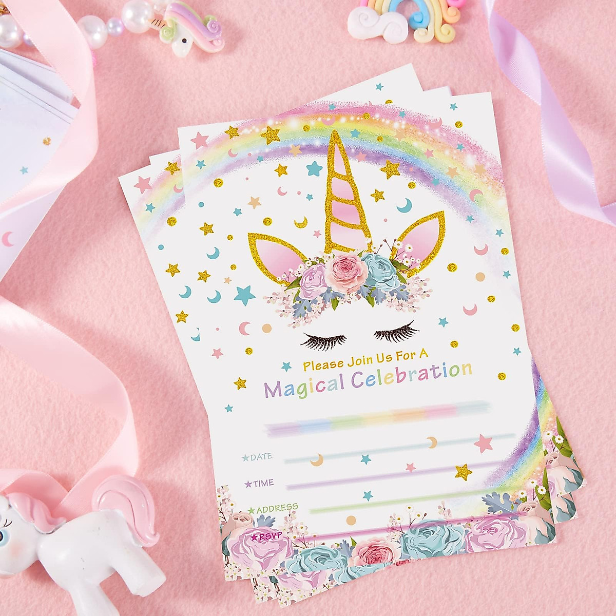 AMZTM Magical Unicorn Party Invitations with Envelopes for Kids Birthday Baby Shower Unicorn Party Supplies 20 Pieces of Fill-in Blank Invitation Card Kit