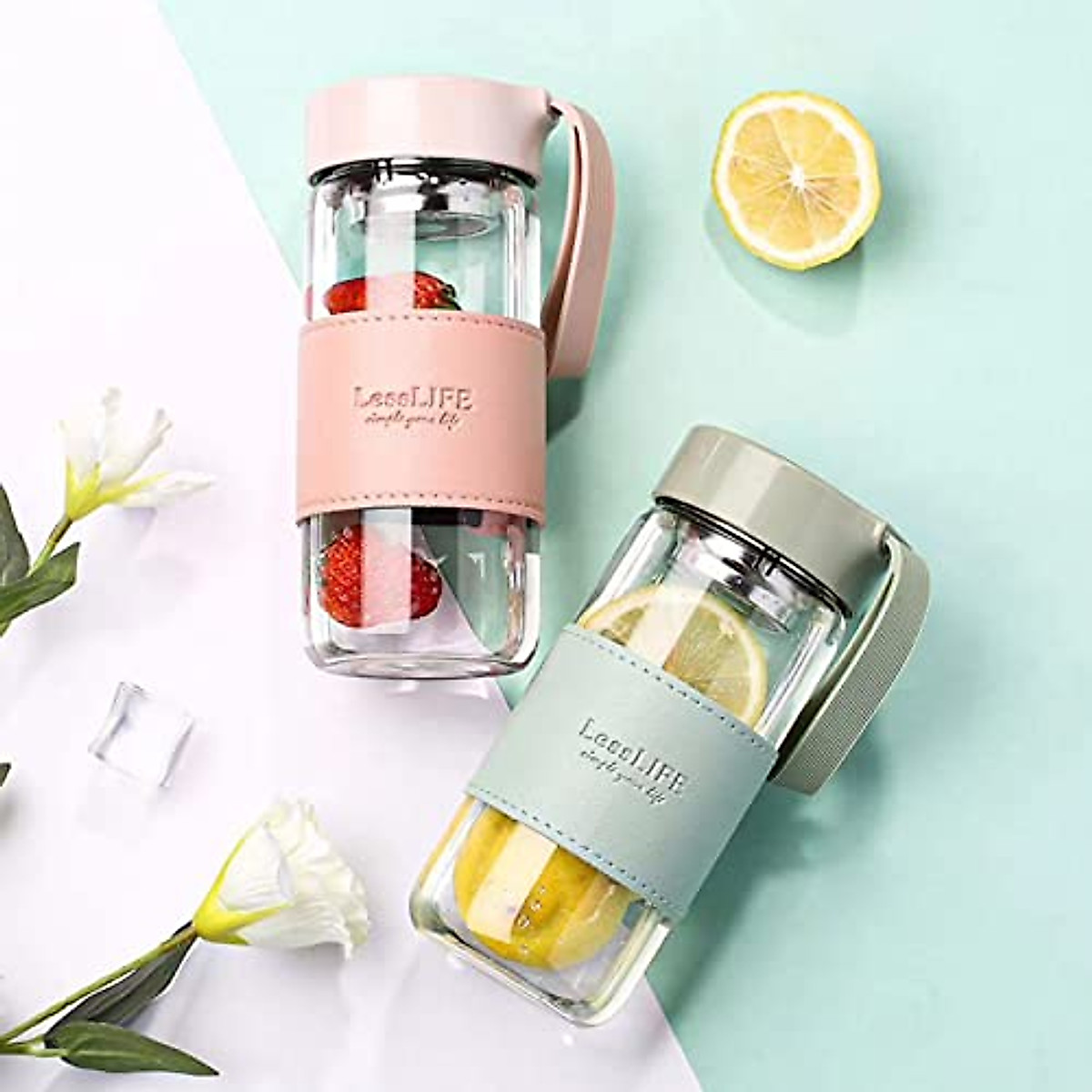 16 oz borosilicate glass water bottle-with sealing cap and Holsters and filters Glass Tea Infuser Bottle- BPA free,Apply to Mountaineering,Go To School,Reusable Portable Glass Bottle (Green)