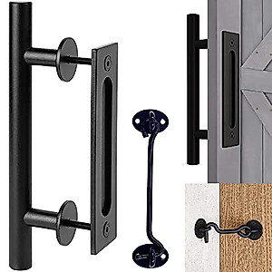 Barn Door Handles Black 12 inch - Sliding Barn Door Handle with Lock Barndoor Hardware Set, Bard Flat Back Plate - Barnwood kit, Inset Knobs Closet Finger Flush Pulls Barnyard Barb Latch Closure Pull
