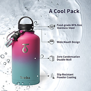 Trebo Water Bottle 64oz with Paracord Handle, Half Gallo Stainless Steel Insulated Jug with Straw Spout Handle Lids, Keep Cold & Hot Ombre: Dark Gray+Same paragraph：Rose Red/Green