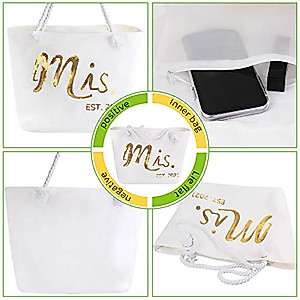 Wifey Bride Tote Bag for Wedding with Zipper Mrs. EST. 2021 Large Beach Shoulder Bride Bag for Engagement with Gold Sequin Shower Honeymoon Gift White
