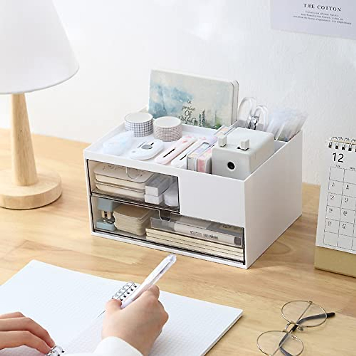 BiutiMama Desk Organizers and accessories with 2 Cosmetic Storage Drawers and 4 Compartments, Makeup Stationery Vanity Organizer, Desk Decor Aesthetic Multifunctional for Office, School, Home (White)