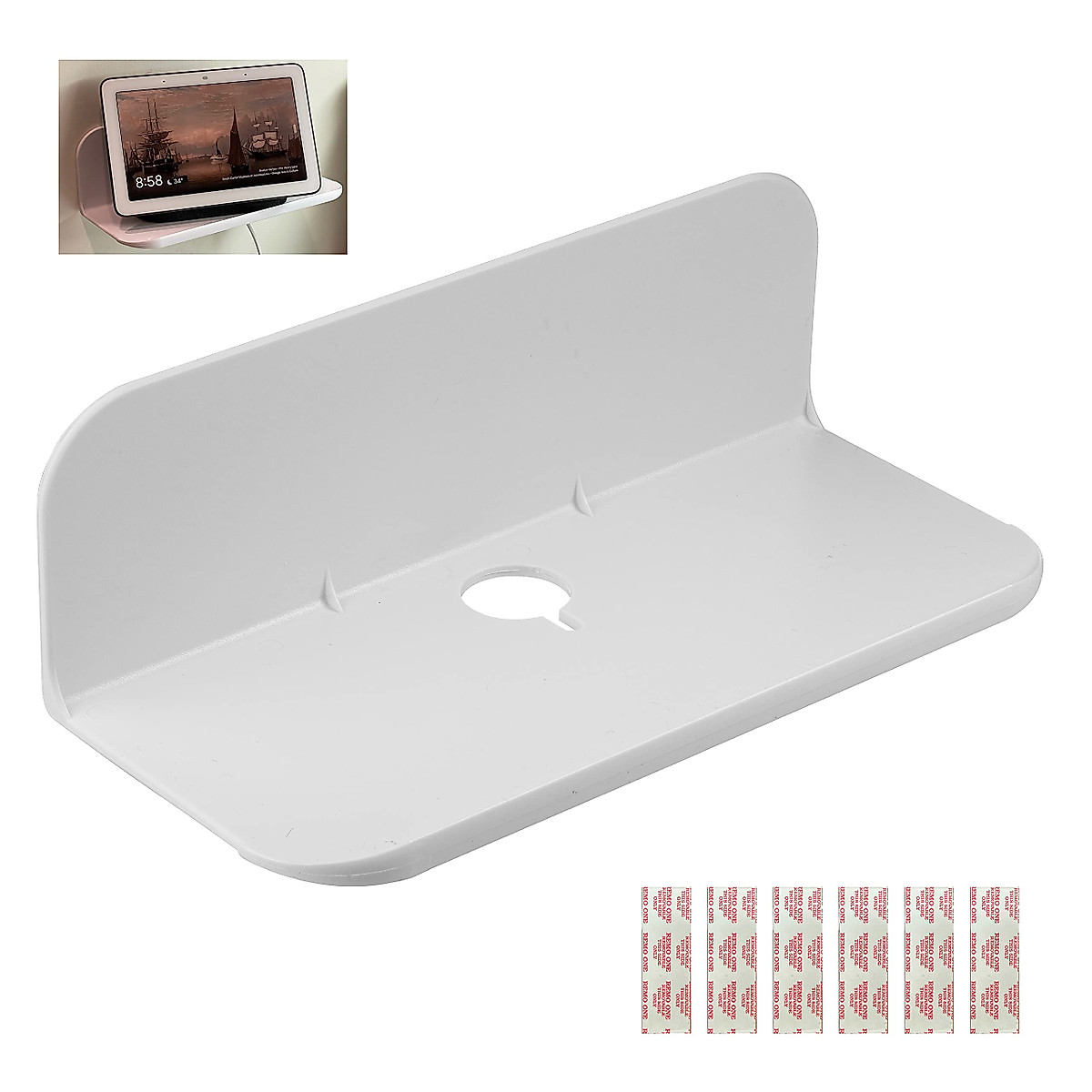 eLhook Made in USA White Stick-On Removable Floating Wall Shelf Textured ABS Molded Plastic with Lipped Edges and Cord Managment | Designed for Stick-On Adhesives or Screws