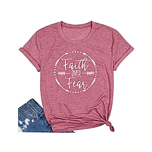 Qrupoad Womens Faith Over Fear T Shirt Summer Casual Christian Religious Inspirational Spiritual Graphic Tees Tops Pink