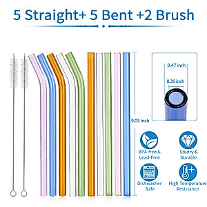 [10 Pcs] Colorful Glass Straws Shatter Resistant - 9" x 10mm Reusable Drinking Straws 5 Straight and 5 Bent with 2 Cleaning Brush Perfect for Smoothies, Milkshakes, Tea, Juice