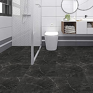 Peel and Stick Floor Tile, Black Grey Marble Vinyl Flooring, Durable and Waterproof for Update Bathroom Kitchen Basement, 11.8x11.8In, 10 PCS