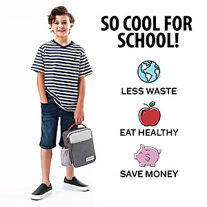 Fit & Fresh Insulated Lunch Box for Kids, Unisex, Polyester, Charcoal, 10" x 8.25" x 4", with Side Pocket and Front Zip