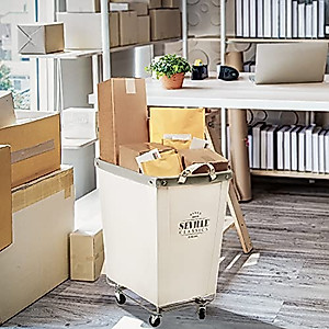 Seville Classics Large Commercial Heavy Duty Rolling Steel Frame Laundry Hamper Canvas Cart Bin, w/Wheels for Hotel, Home, Closet, Bedroom (PATENTED), Cream, 22" D x 16" W