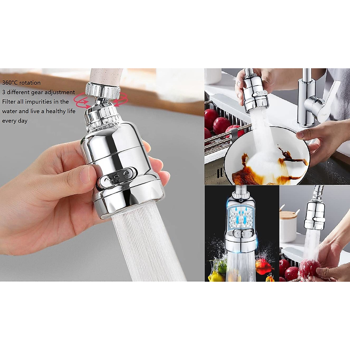 3Modes High Pressure Luxury Filtered Kitchen Water Faucet Aerator Home Pressure Water Diffuser Bubbler Water Saving Filter Shower Head Nozzle Tap Connector